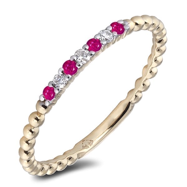 0.08 Carat TW Ruby and Diamond Dainty Stackable Ring in Yellow Gold