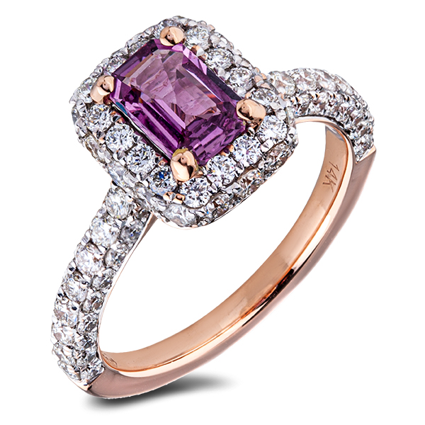 Pink Sapphire and Diamond Double Halo Ring in 14K Rose Gold