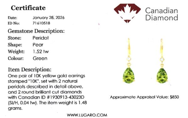 Pear Shaped Peridot and Diamond Hook Earrings in Yellow Gold